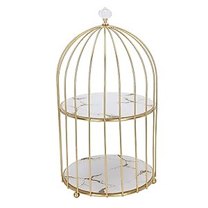 Syrisora Double Layer Storage Shelf Bird Cage Organizer Display Rack for Bathroom Countertop Dressing Table Gold Frame (White Base Gold Pattern)