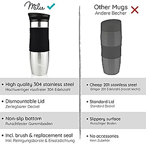Milu Thermo Mug Insulated Cup Coffee & Tea Mug to go - 370ml, 450ml 100% leak proof - Stainless Steel Drinking Mug - vacuum insulation flask - Hot & Cold - Travel Mug (Black, 12oz (370ml))