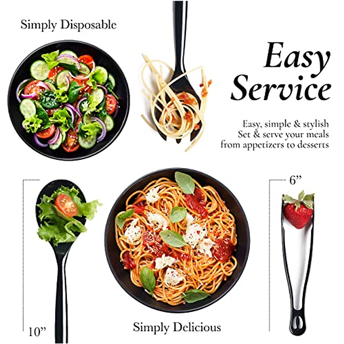 Disposable Plastic Serving Utensils - 6 Each 6" Serving Tongs, 10” Serving Spoons, 10” Serving Forks (Set of 18 – Black)