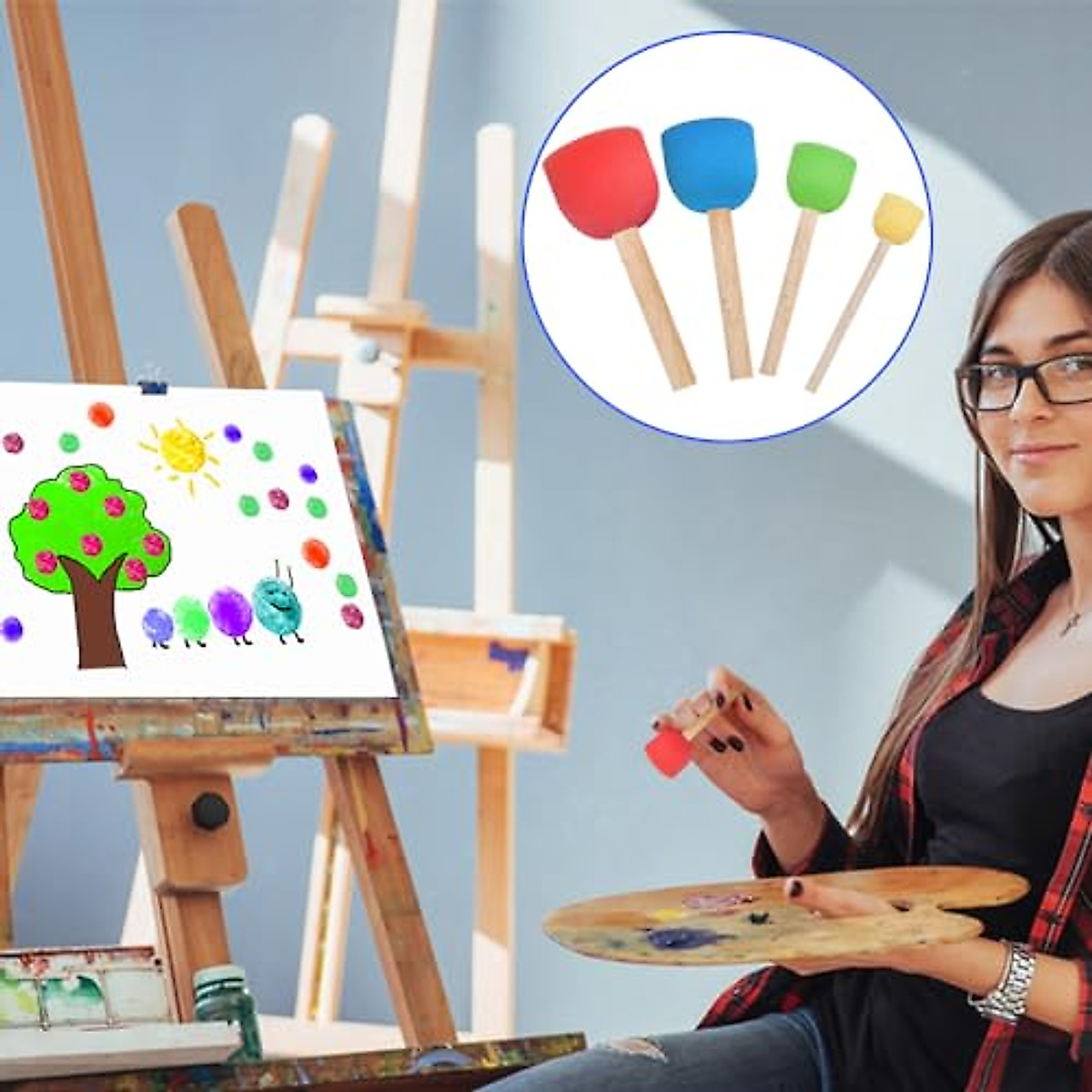 24 Pcs Round Sponge Brush Set, AIFUDA Round Foam Paint Brushes Sponge Painting Tools with Wooden Handles for Arts and Crafts