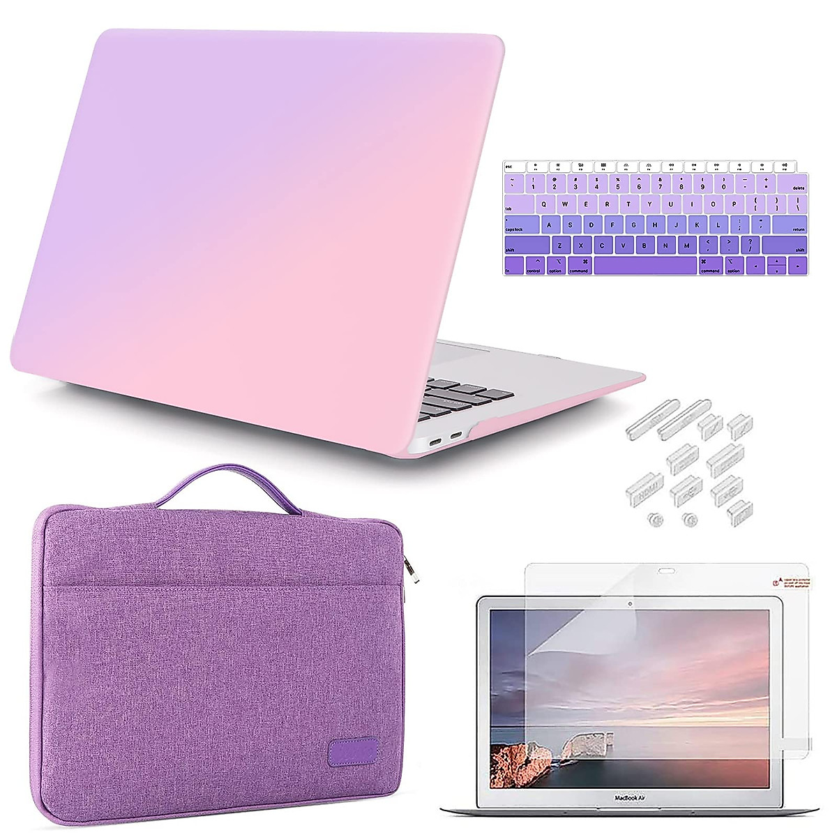 iCasso Compatible with MacBook Air 13 inch Case 2020 2019 2018 Release A2337 M1 A2179 A1932, Plastic Hard Case Shell, Sleeve Bag, Screen Protector, Keyboard Cover and Dust Plug (Gradient Purple)
