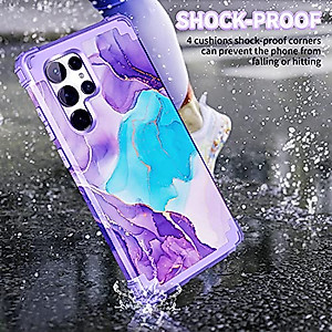 BQQFG for Galalxy S23 Ultra 5G Case,Marble Design Three Layer Heavy Duty Shockproof Hybrid Hard Plastic Bumper Soft Silicone Rubber Drop Protective Cover Case for Galaxy S23 Ultra 5G 6.8",Purple