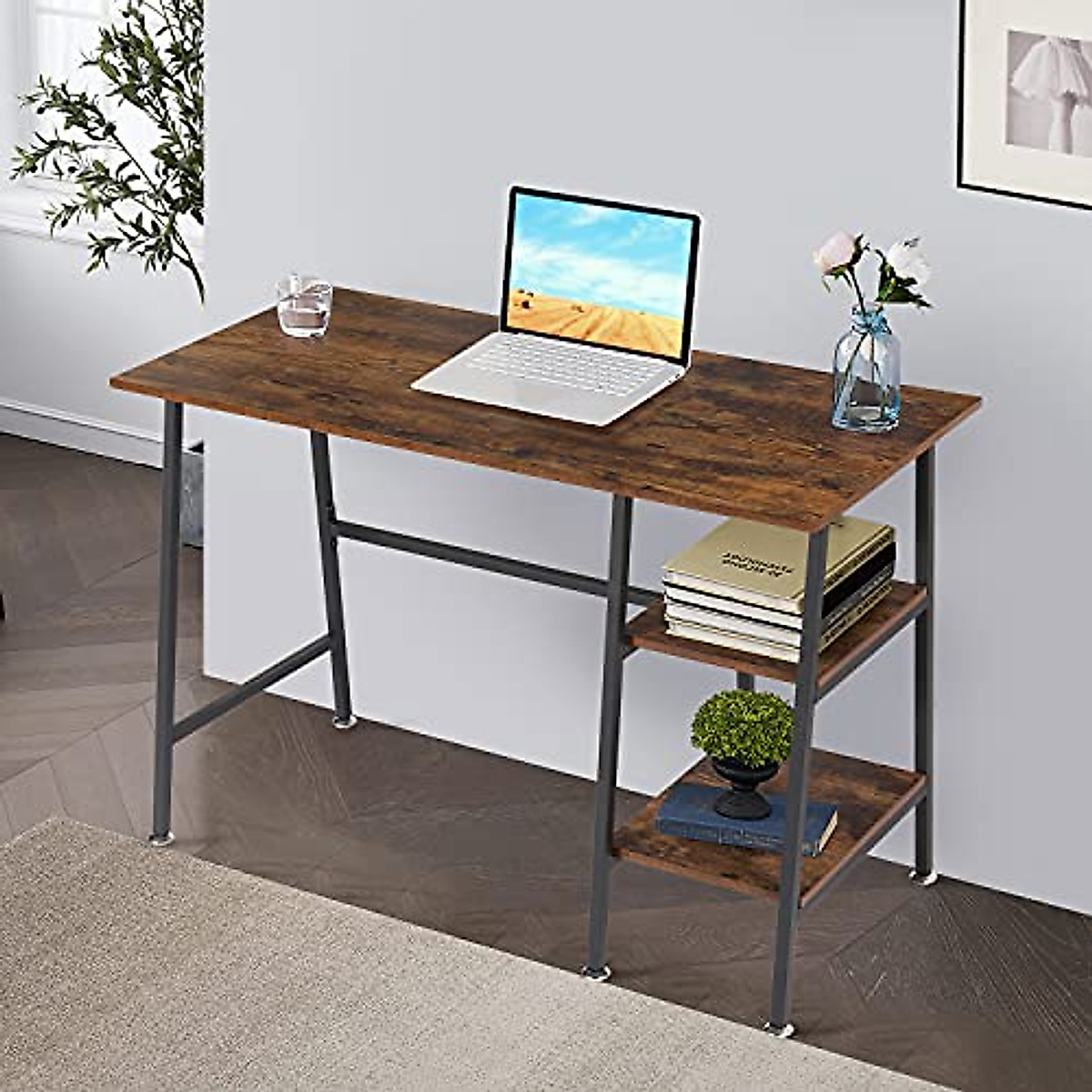VECELO 43 Inch Computer Modern Student Writing Home-Office, Ladder Desk, Dark Walnut+Black Leg