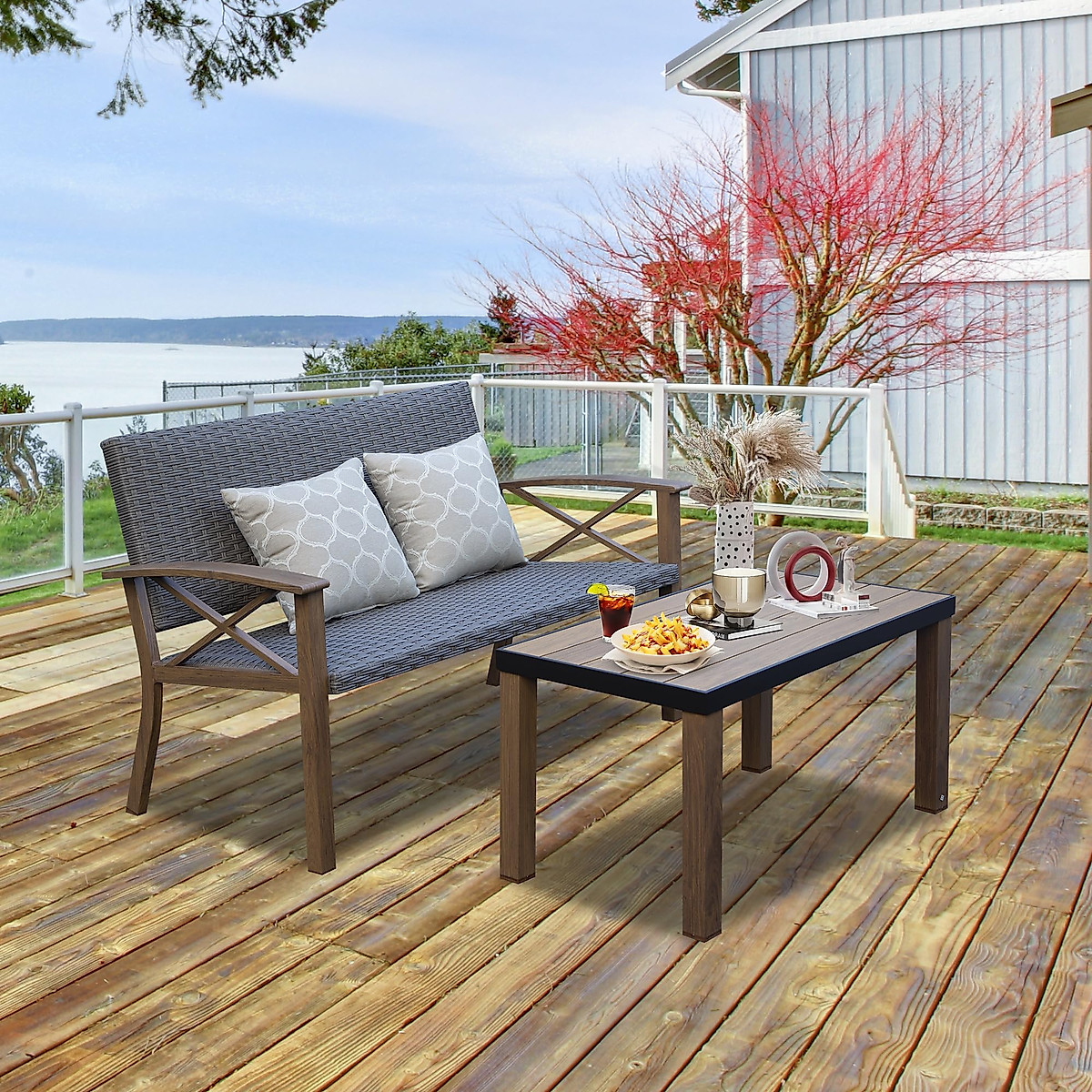 Domi Aluminum Patio Furniture Set, 2-Piece Modern Conversation Set with Cotton Padding Backrests and Seats, Outdoor Loveseat Metal Sofa Set with 5.5 Inch Cushion and Coffee Table for Balcony, Garden