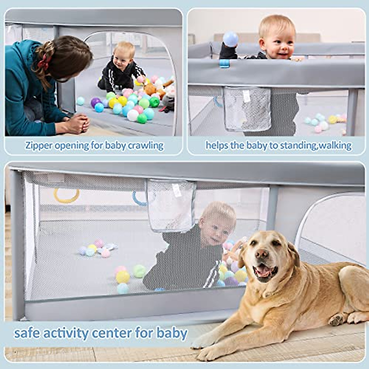 Baby Playpen Palopalo 71''x59'' Playard for Babies and Toddlers Extra Large Play Pen Baby Activity Center Mesh Baby Fence Infants Sturdy Safety Area All Wrapped Cushion & Anti-Slip Base, Gray