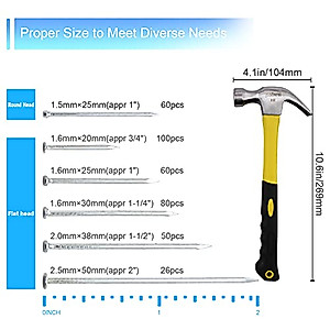 376pcs Hardware Nails Assortment kit with 2" Nails & 8oz Claw Hammer, Nails for Hanging Pictures, Picture Hanging Nails, Finishing nails, Wall nails, Small nails, Wood nails and Hammer