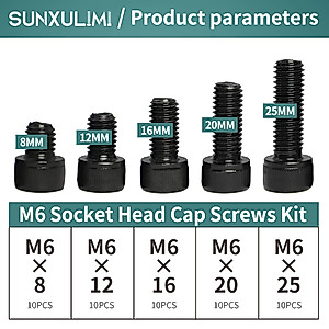 M6 x 8mm 12mm 16mm 20mm 25mm Hex Socket Head Cap Screws Bolts, 12.9 Grade Alloy Steel, Black Oxide Finish, Fully Threaded, Metric Allen Hex Drive, Assortment Kit 50PCS