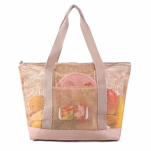 Mesh Beach Bags, Grocery Produce Tote Bag with Zipper & Pockets for Gym, Picnic, Shopping or Travel