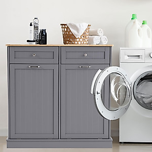 Spurgehom Dual Door Tilt Out Trash Can Cabinet,13 Gallon Laundry Hamper Trash Cabinet Kitchen Waste Bins Pull Out, Pet Proof Recycling Cabinet for Living Room,Grey