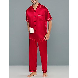 SWOMOG Mens Silky Satin Pajamas Set Short Sleeve Pjs Button Down Sleepwear Top & Long Pants Red XX-Large