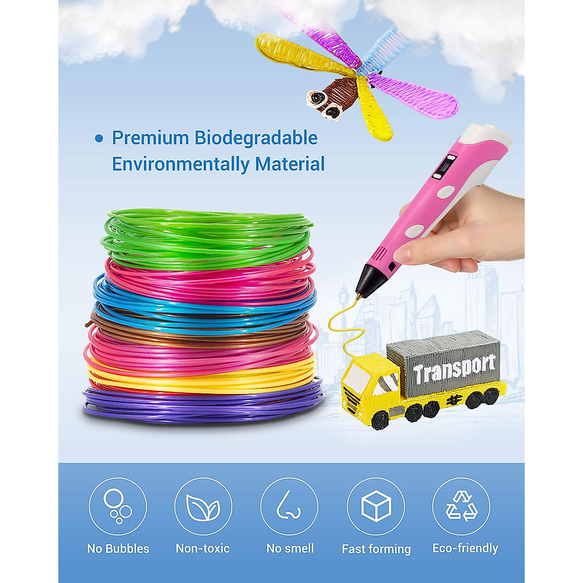 24 Colors 3D Pen PLA Filament Refills, 1.75mm Premium Filament for 3D Printer/3D Pen, Each Color 10 Feet, Total 240 feet, with 2 Finger Caps by SONGTIY, Christmas Gifts