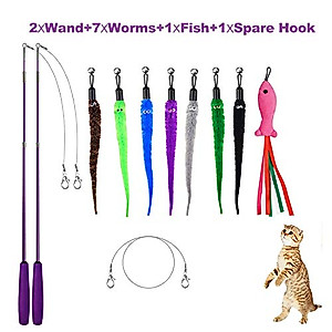 11 Pack Cat Toys Interactive Cat Feather Toys, 2 Retractable Cat Toy Wand, Variety 7 Worms and 1 Catnip Fish Teaser Refills with Bells, Kitten Toys Assortments Fun for Indoor Cats, 1 Replacement Line