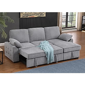 Lilola Home Mackenzie Light Gray Chenille Fabric Sleeper Sectional with Right-Facing Storage Chaise, Drop-Down Table, Cup Holders and Charging Ports