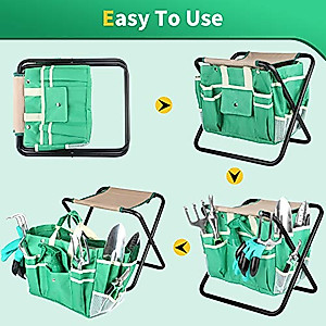 Yongkist 9 PCS All-in-one Garden Tools Set, Heavy Duty Cast-Aluminium Alloy Gardening Tools Kit with Folding Stool Seat&Detachable Canvas Tool Bag , Non-Slip Rubber Grip, Outdoor Hand Tools