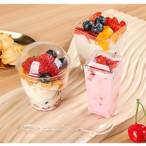 EASERCY 75 Pack 3 oz / 4.8 oz / 5 oz Plastic Dessert Cups with Lids and Spoons, Parfait Cups with Lids Appetizer Cups for Party, Mini Dessert Cups with Spoons for Pudding Fruit