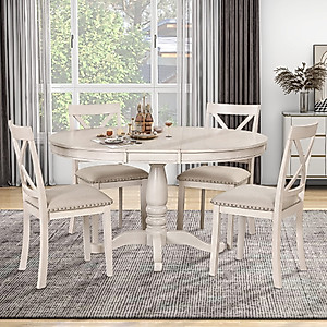 Melpomene 5-Piece Modern Dining Table Set, Extendable Dining Table Set for 4, Wood Round Dining Table Set with 4 Chairs,Antique White