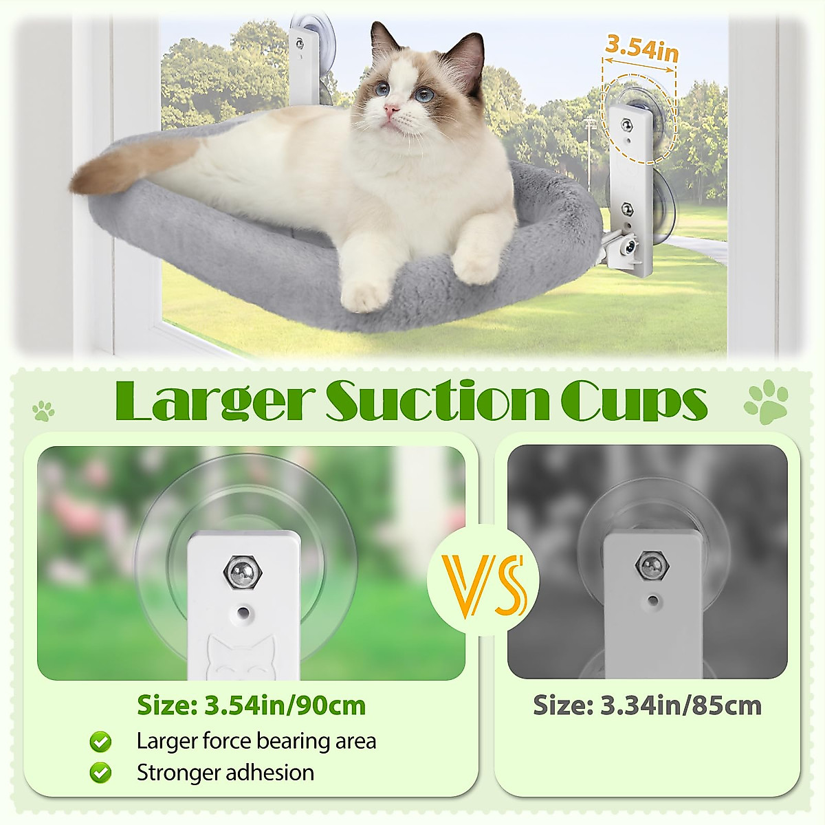keny Cat Window Perch with Soft Plush Cushion Bed, Cordless Cat Window Hammock with 3.54" Larger Suction Cups, Easy to Assemble Cat Window Bed Seat for Indoor Cats, Grey