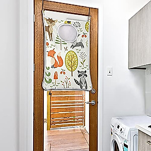 Woodland Animals Hanging Laundry Hamper Bag with 2 Door Hooks, Fox Elk Bear Mushroom Holding Dirty Clothes Bag, Saving Space Hanging Laundry Bag for Door Wall, Closet, Bathroom