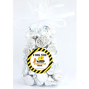 I Dig You Construction-Themed Valentine Party Favor Sticker Labels, 40 2" Party Circle Stickers by AmandaCreation, Great for Classroom Valentines, Envelope Seals, Gifts & Treats