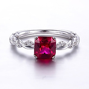 Merthus 7x7mm Square Shape Simulated Ruby 925 Sterling Silver Twist Rope Band Ring for Women Size 9