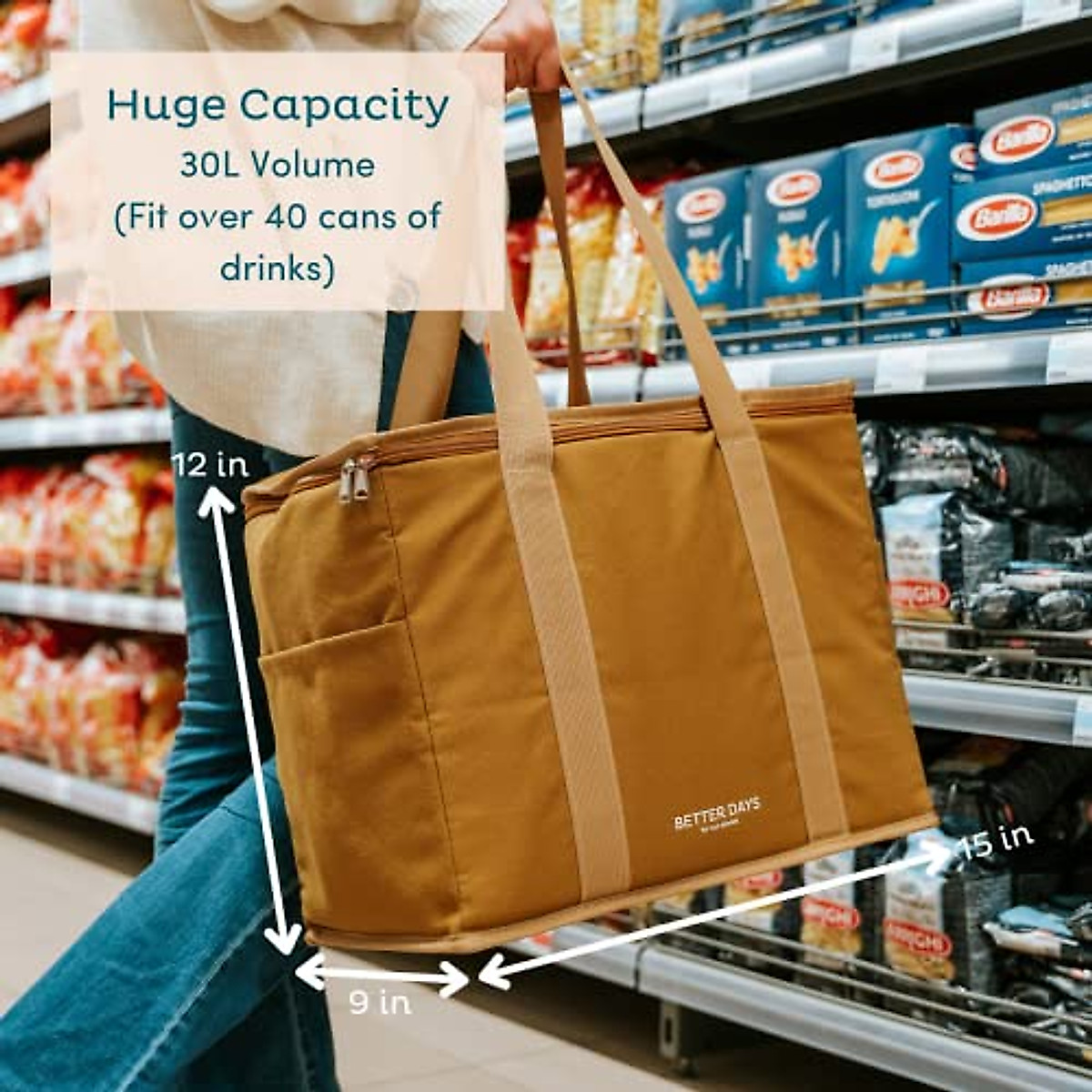 Reusable Insulated Grocery Bag - Leak Proof, Large Insulated Cooler Bag - Insulated Shopping Bags for Groceries - Travel Cooler Bag for Frozen and Hot Food with Zippered Top - Beach, Picnic (Caramel)
