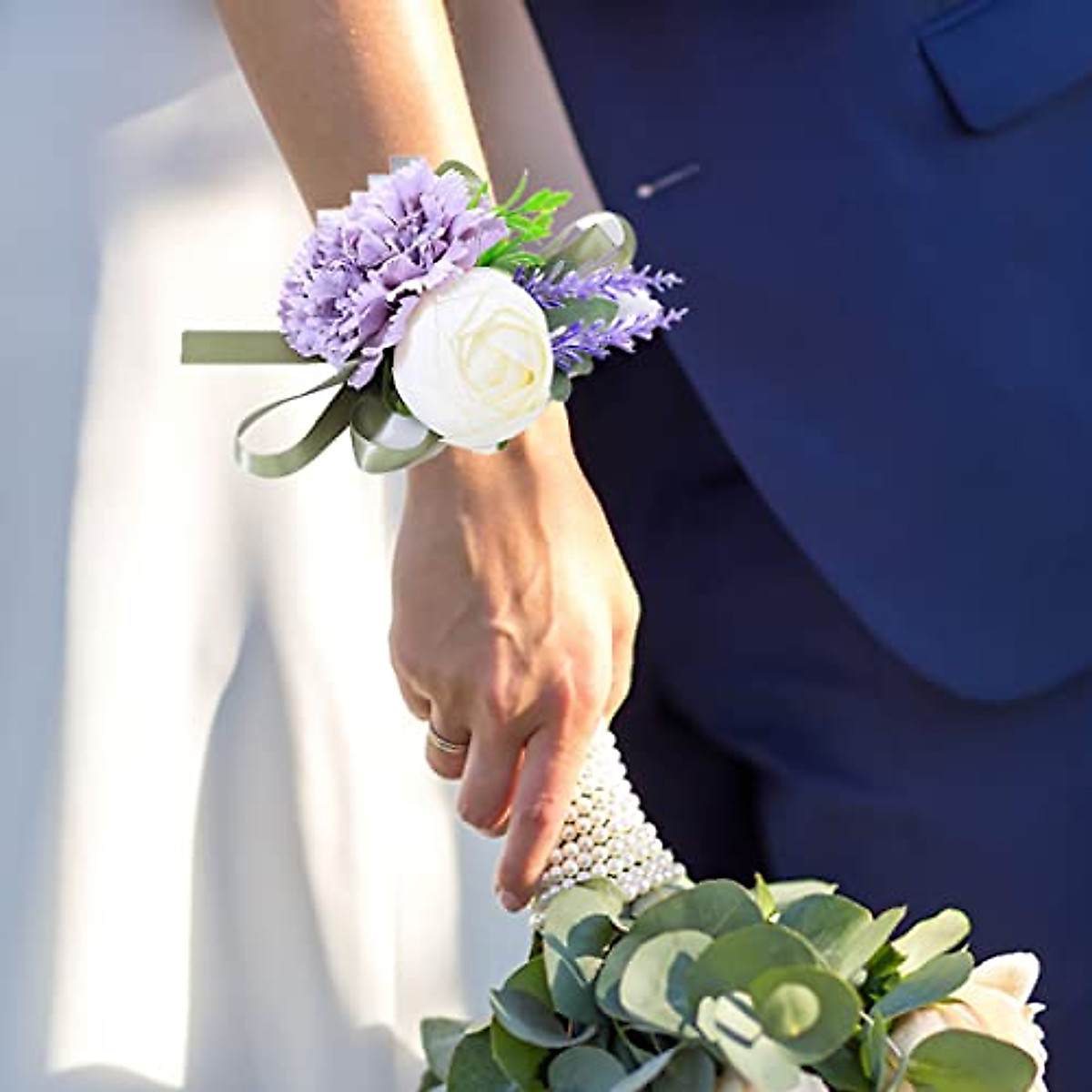 Campsis Set of 2 Wedding Bride Rose Flower Wrist Corsage White Handmade Leave Hand Flower Bride Bridal Bridesmaid Wristlet for Engagement Prom Party Beach Photography