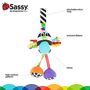 Sassy Boppin’ Birdie | Developmental Plush Toy for Early Learning | High Contrast | Attaches to Baby Gear for Travel | for Ages Newborn and Up (80660)