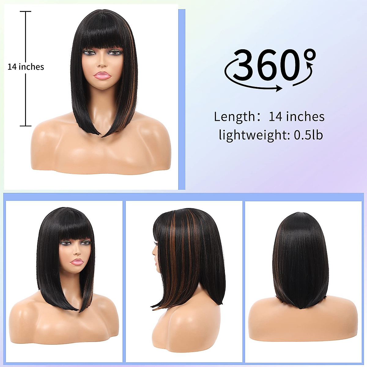 Kalyss Bob Short Synthetic Hair Wig for Black Women Heat Resistant With Hair Bangs (Black With Medium Auburn Brown Strips)