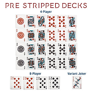 Brybelly Euchre Card Game - 2 Specialty Decks Pre-Stripped to 33 Cards for Classic American Euchre or 32 Card 6-Player Variant - Custom Bower Jacks Card Art and Blank Counter Cards Included