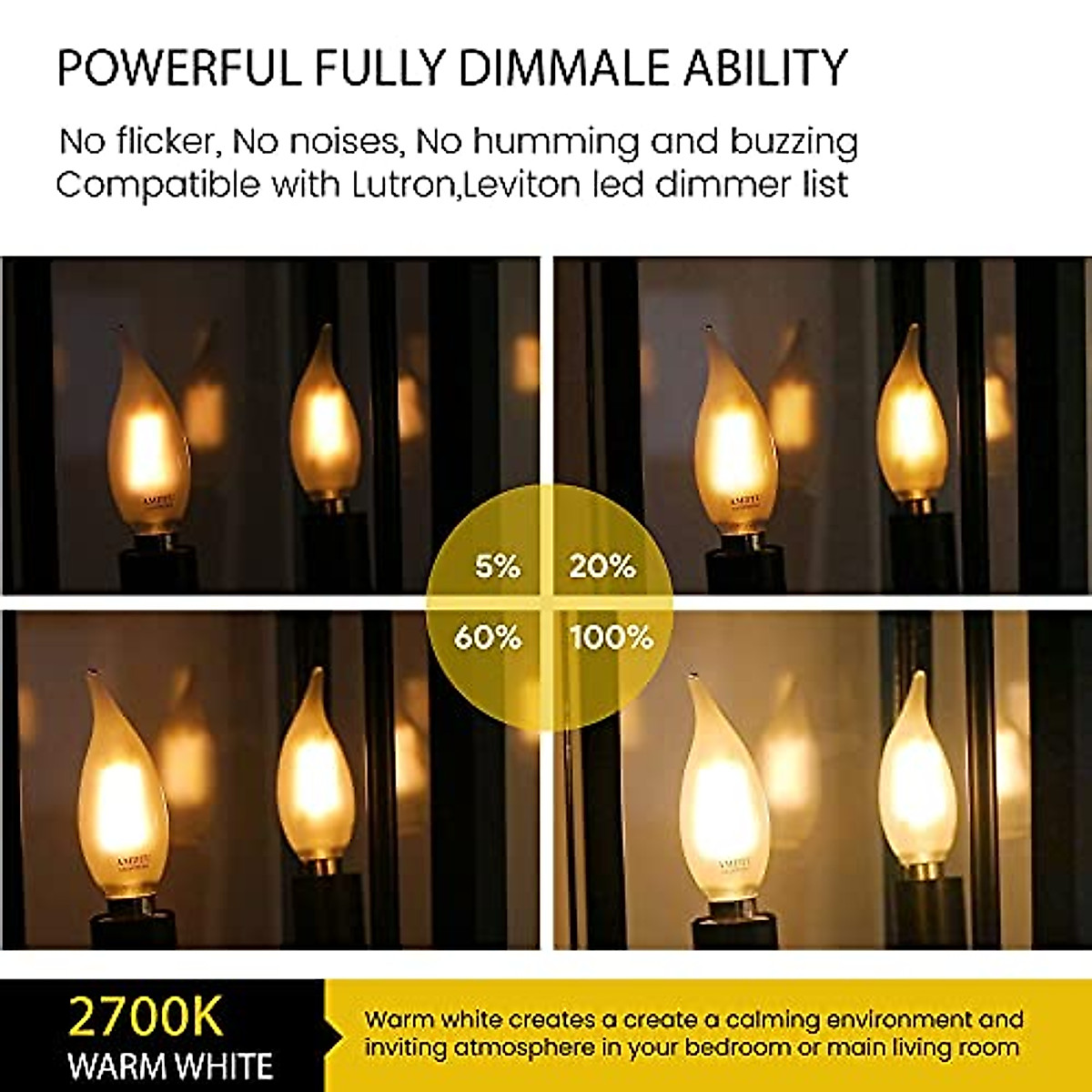 AMDTU E12 60 Watt Equivalent Frosted LED Candelabra Bulb Candle CA10 Chandelier Light Dimmable Small Base, Ideal for Dining Rooms, Living Rooms, and Porch, Long-Lasting Light for Cozy Indoor Settings