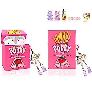 Pocky Aipord Case for 1&2, 3D Cute Cartoon Funny Soft Silicone Pink Food Biscuit Fashion Design Cover with Unique Kawaii for Airpod 1&2 for Women Kids Teens Boys Girls(Pink with Gummy Bear Keychain)