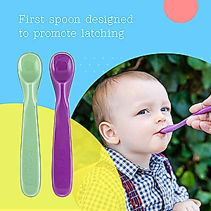 Spuni - Baby Spoon, Medical-Grade Soft Plastic Infant Feeder, Feeding Spoons for Babies (8 months+), Giggly Green & Peekaboo Purple, 2 Pack