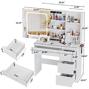 Vabches White Vanity Desk with Mirror and Lights, Makeup Vanity with Lights 4 Drawers, Vanity Table with Power Outlet & Sliding Door, 3 Lighting Colors, 37inch