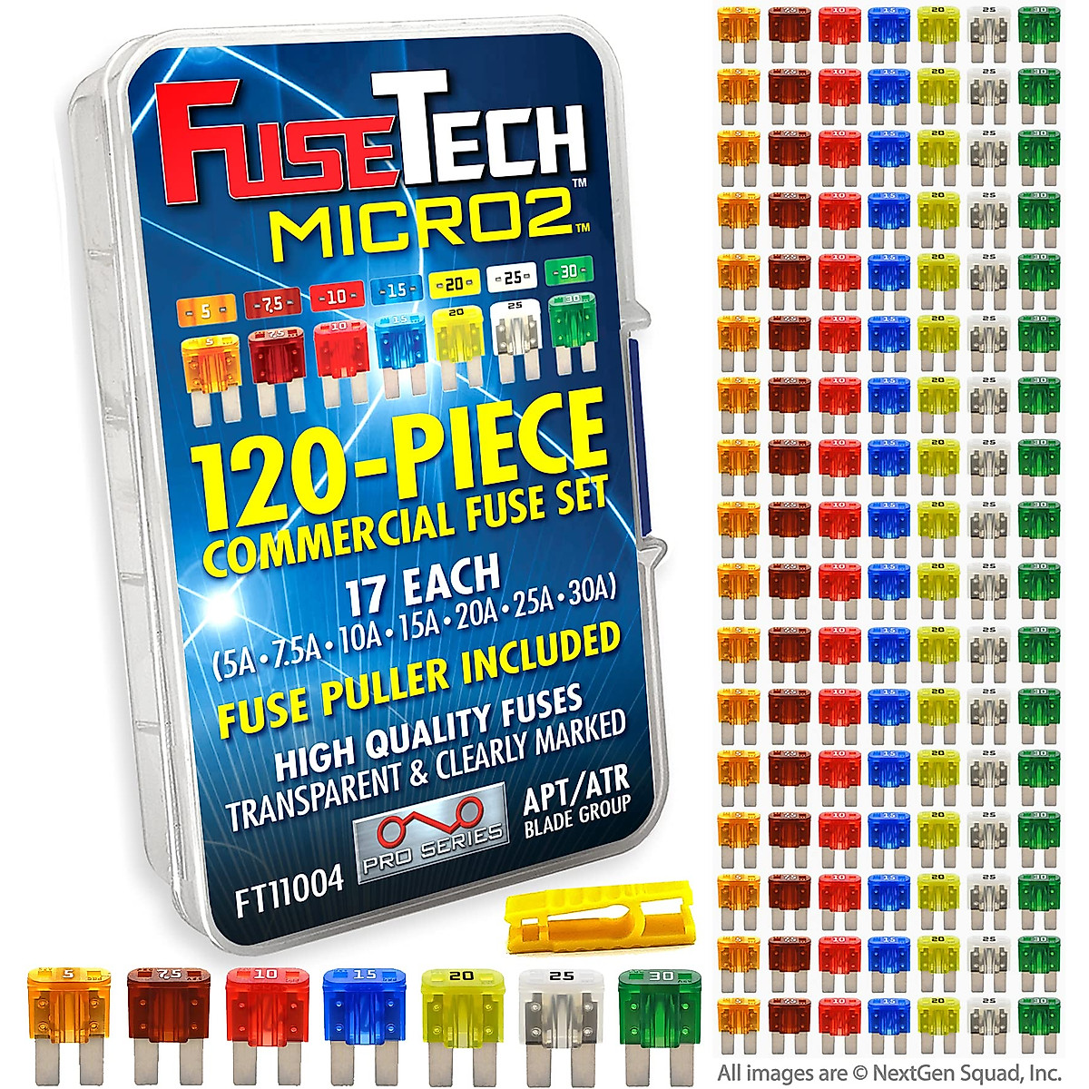 FuseTech Micro2 APT ATR 120 Piece Automotive Commercial Car Fuse Assortment (119 Blade Fuses + Fuse Puller) 5A 7.5A 10A 15A 20A 25A 30A
