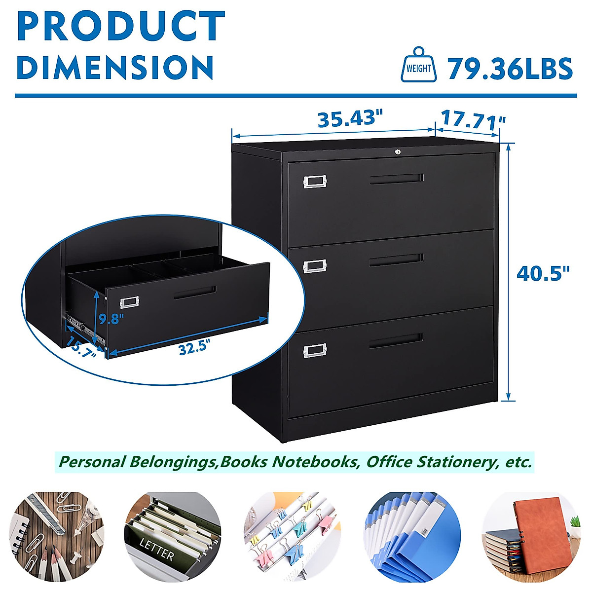 BYNSOE File Cabinet with Lock 3 Drawer Lateral File Cabinets for Legal/Letter A4 Size Metal Filing Cabinet for Office Home Requires Assembly(3 Drawers, Black)