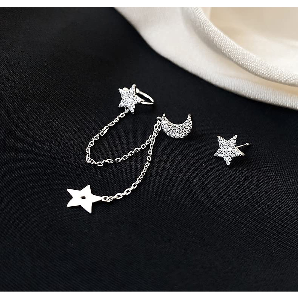 SLUYNZ 925 Sterling Silver Cuff Earrings Chain for Women Asymmetric Star Moon Earrings Crawler Earrings Dangling Chain (A-Silver)