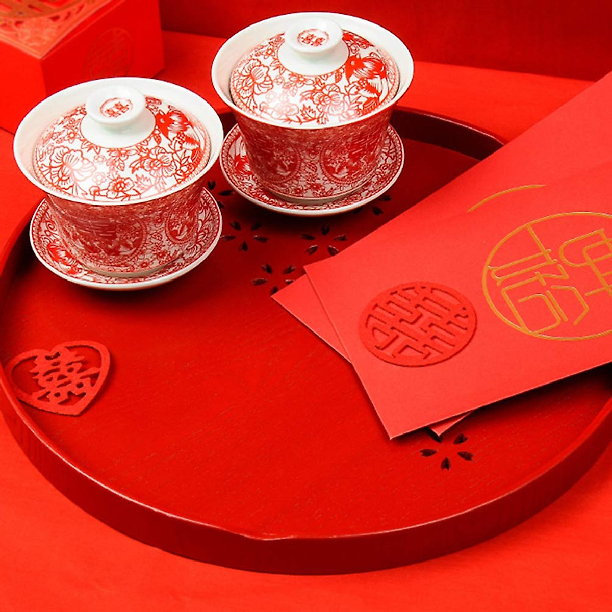 Amosfun Wedding Tray Red Tea Tray Wooden Tea Set Tray Chinese Wedding Tray Wedding Accessory Traditional Wooden Coffee Table Tray for Home Decoration Wedding Centrepieces (Red)