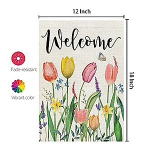 CROWNED BEAUTY Spring Garden Flag Floral 12x18 Inch Double Sided for Outside Tulips Welcome Burlap Small Yard Holiday Decoration CF743-12