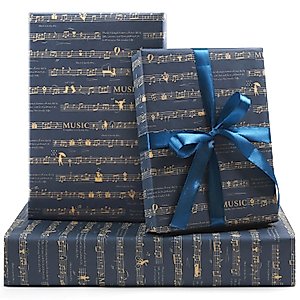 NEPOG Music Wrapping Paper, 6 Sheets Black Musical Notation Piano Score Musician Gift Wrap Folded Flat 20x28 inches per Sheet with Ribbon for Women Men Birthday Wedding Music Concert