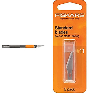Fiskars Heavy Duty Die Cast, Exacto, 8 Inch, Precision Knife for Crafts, Multi Use Blade with Protective Cover, Steel & 196010-1006 Standard Number 11 Blades, 5 Pack, Orange
