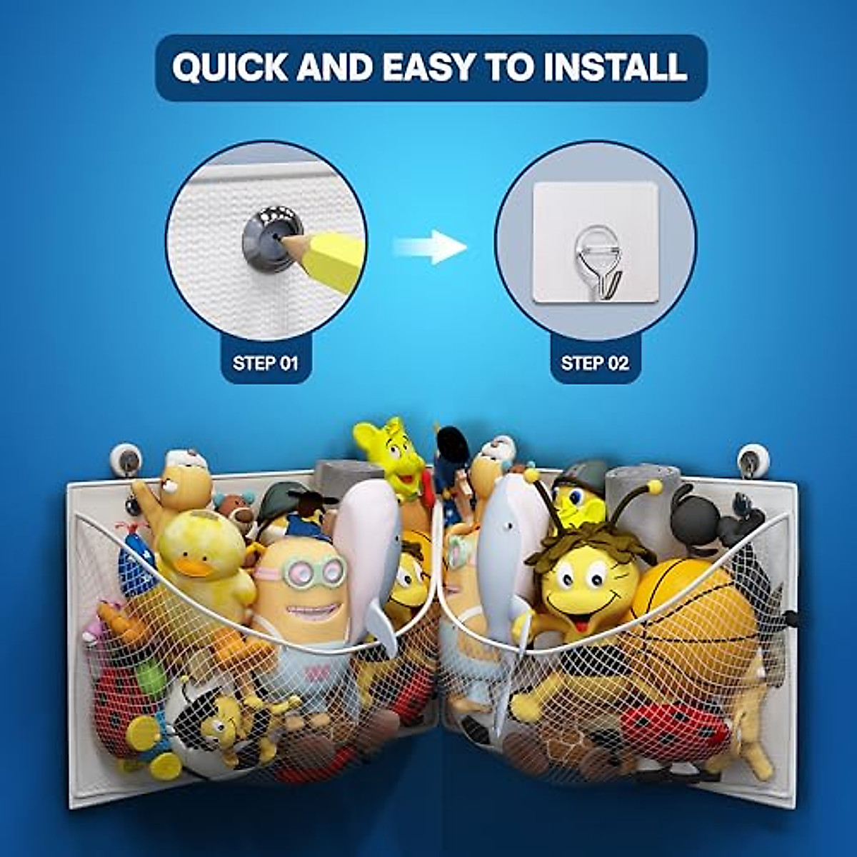 Stuffed Animal Storage Ideas, Stuffy Storage, Stuffed Animal net or Hammock, Kids Wall Corner Stuffed Animals Toy Hammock , Holder, Bear Organizer, Basket, Stuff, Zoo, Hardware Included (White)