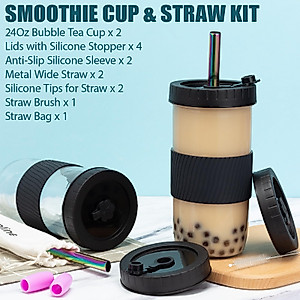 Reusable Glass Mason Jars Cups with Lids and Straws Silicone Sleeves, 2 Pack 24Oz Wide Mouth Smoothie Cups Glass Bubble Tea Cup Leakproof drinking glasses Travel Tumbler for Large Pearl Birthday Gifts