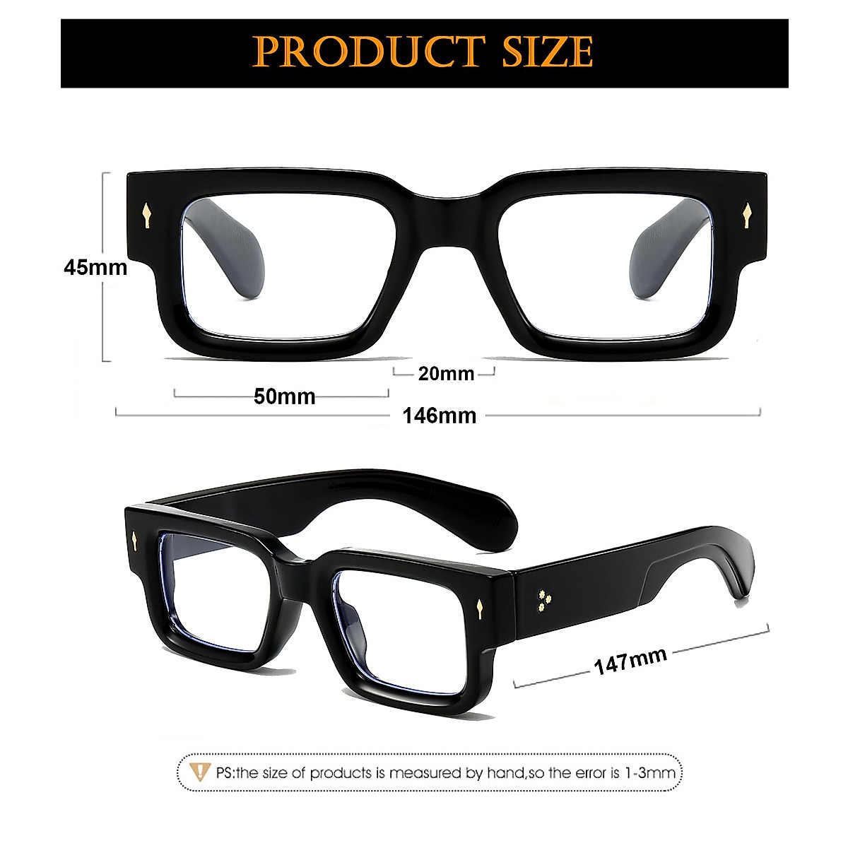EYLRIM Square Thick Frame Glasses for Women Men Chunky Rectangle Blue Light Glasses Non Prescription Eyeglasses(Black)