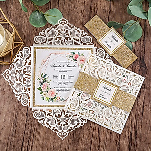 DreamBuilt 6.3 x 6.3 inch Ivory Laser Cut Wedding Invitations Cards with Gold Glitter Border and Bellyband for Wedding Bridal Shower (Ivory, 50pcs Blank)