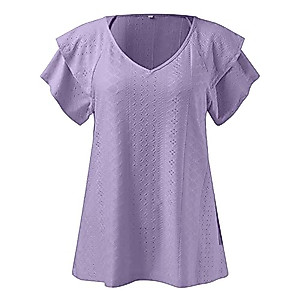 Spring and Summer New Short Sleeve V Neck Shrink Pleated Solid Color Loose Tee Shirt Top Purple