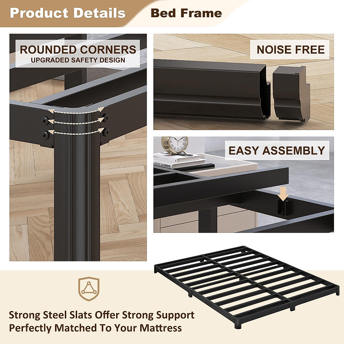 Likelalaso 3 inch Low Full Size Bed Frame with Rounded Corner, Heavy Duty Metal, Easy Assembly, Noise Free, Black