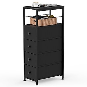 YBING Narrow Dresser for Bedroom, Slim Chest Organizer Nightstand, 4 Fabric Drawers with Wood Shelf, Side Tables for Small Spaces, Black
