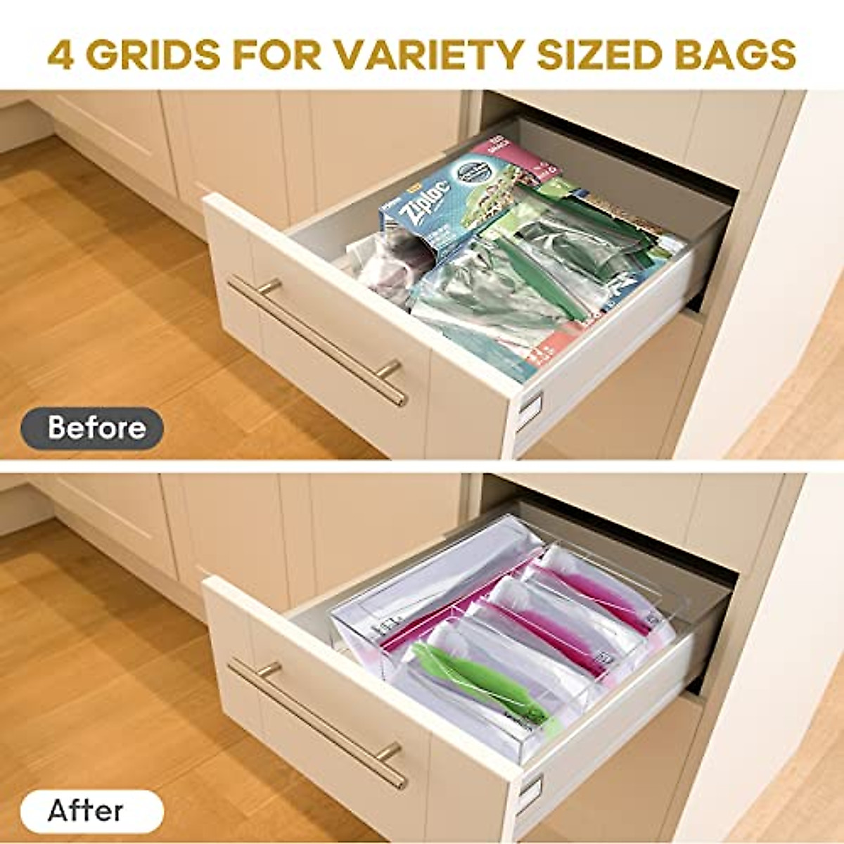 Acrylic Ziplock Bag Storage Organizer w/ 4 Compartments, Clear Baggie Organizer for Kitchen Drawer, Compatible with Ziploc, Gallon, Quart, Sandwich & Snack Variety Size Bag
