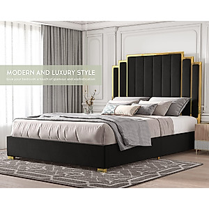 HOWE King Size Bed Frame and 65" Headboard, Upholstered Bed with Golden Plating Trim, Modern Platform Bed No Box Spring Needed, Black