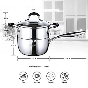SLOTTET Tri-Ply Whole-Clad Stainless Steel Saucepan with Steamer,2.5 Qt Small Multipurpose Pot with Pour Spout,Strainer Glass Lid, 2 Quart Sauce Pan for Cooking with Stay-cool Handle.